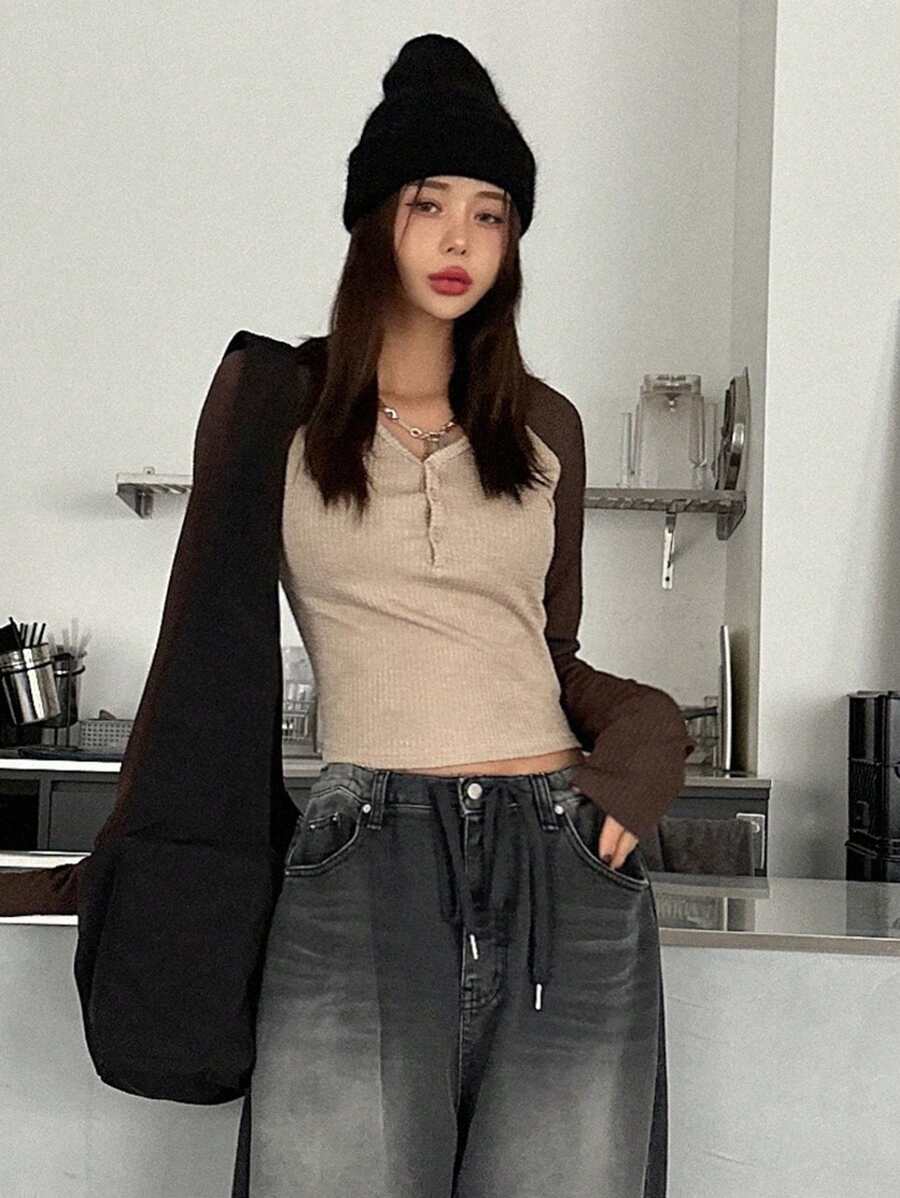 DAZY Button-Front Half Placket Raglan Sleeve T-Shirt | SHEIN USA