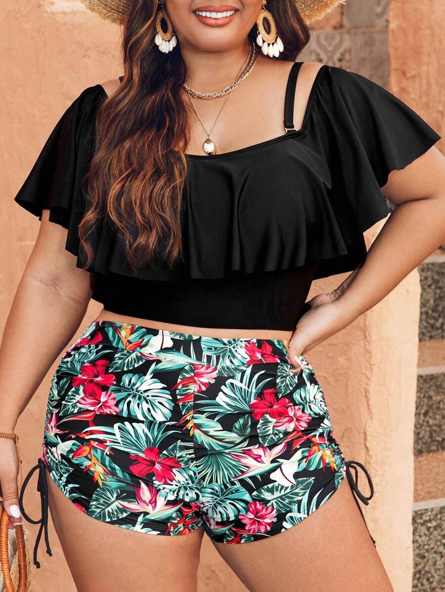 Swim Lushoire Plus Size Summer Beach Tropical Printed Ruffle Trim ...