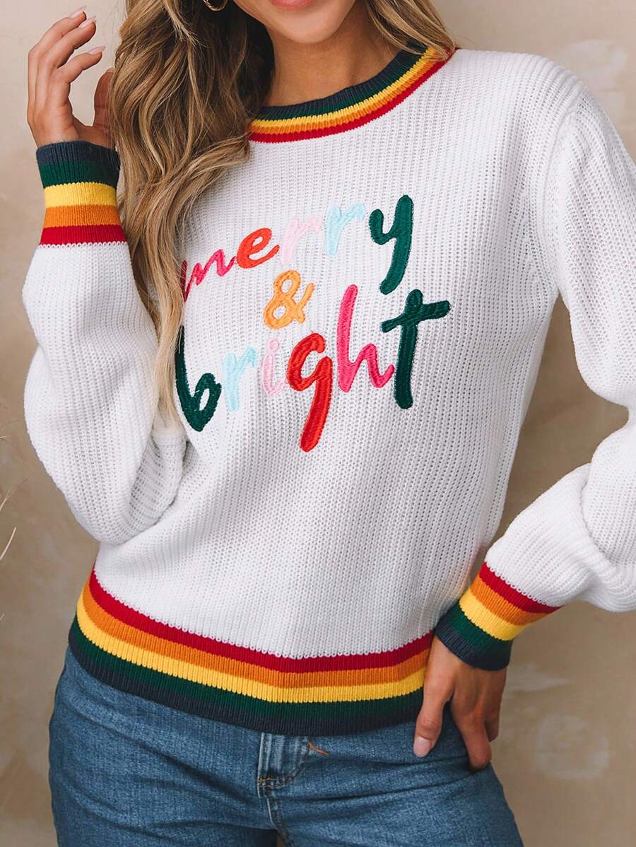 Glitter Merry & Bright Colorful Stripes Trim Sweater | SHEIN USA