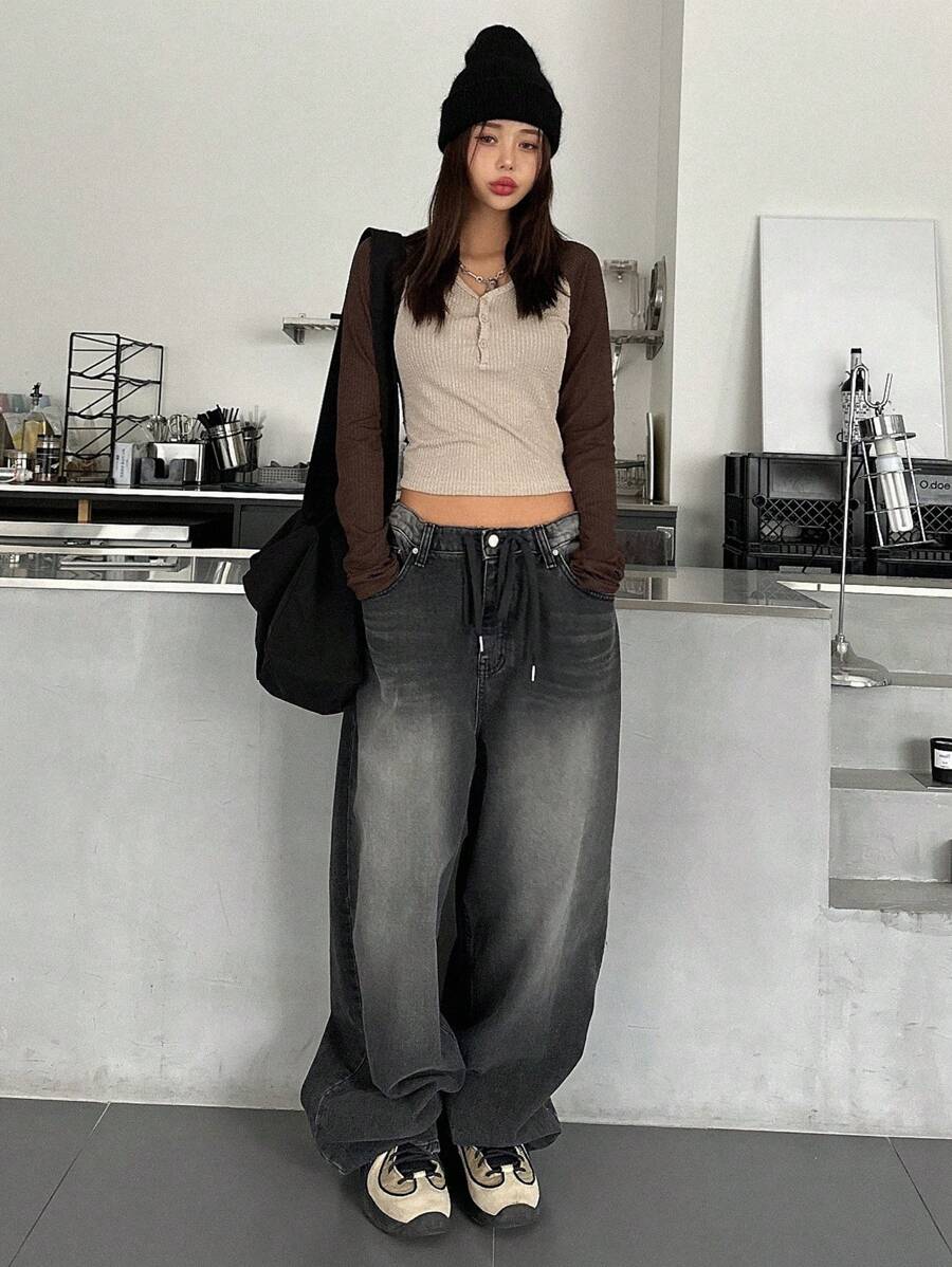 DAZY Button-Front Half Placket Raglan Sleeve T-Shirt | SHEIN USA