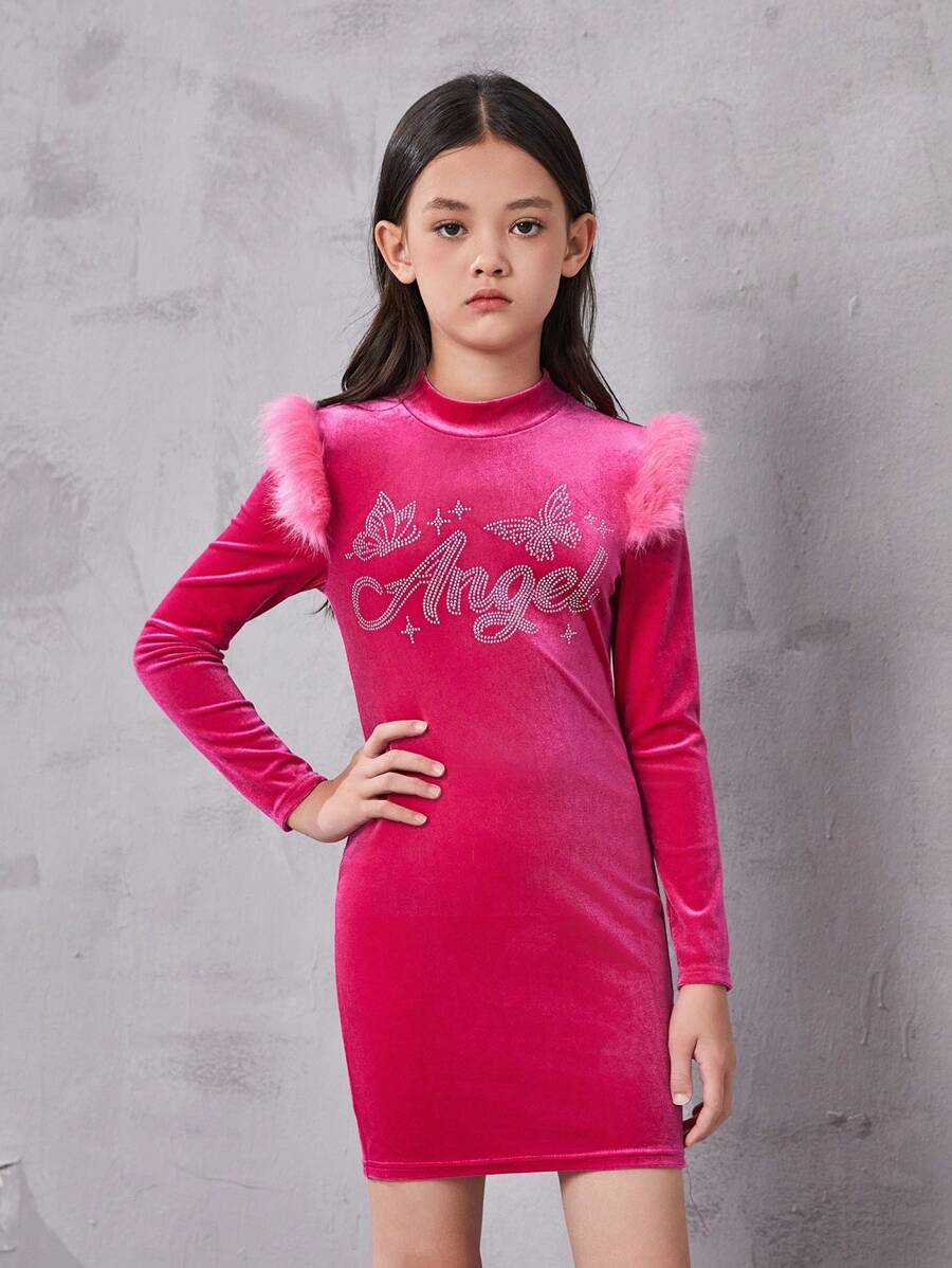 SHEIN Girls' Diamond & Butterfly & Letter Pattern Plush Splice Velvet ...