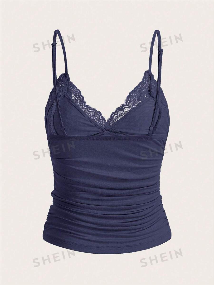 SHEIN ICON Women's Lace Patchwork Pleated Y2k Cami Tank Top | SHEIN USA