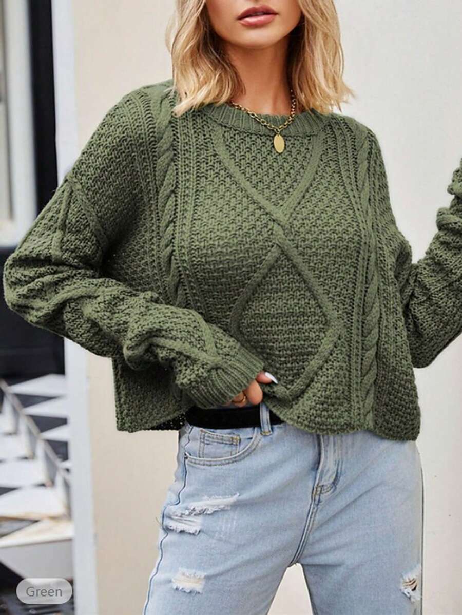 SHEIN LUNE Plus Size Women'S Cable Knit Sweater With Drop Shoulder ...