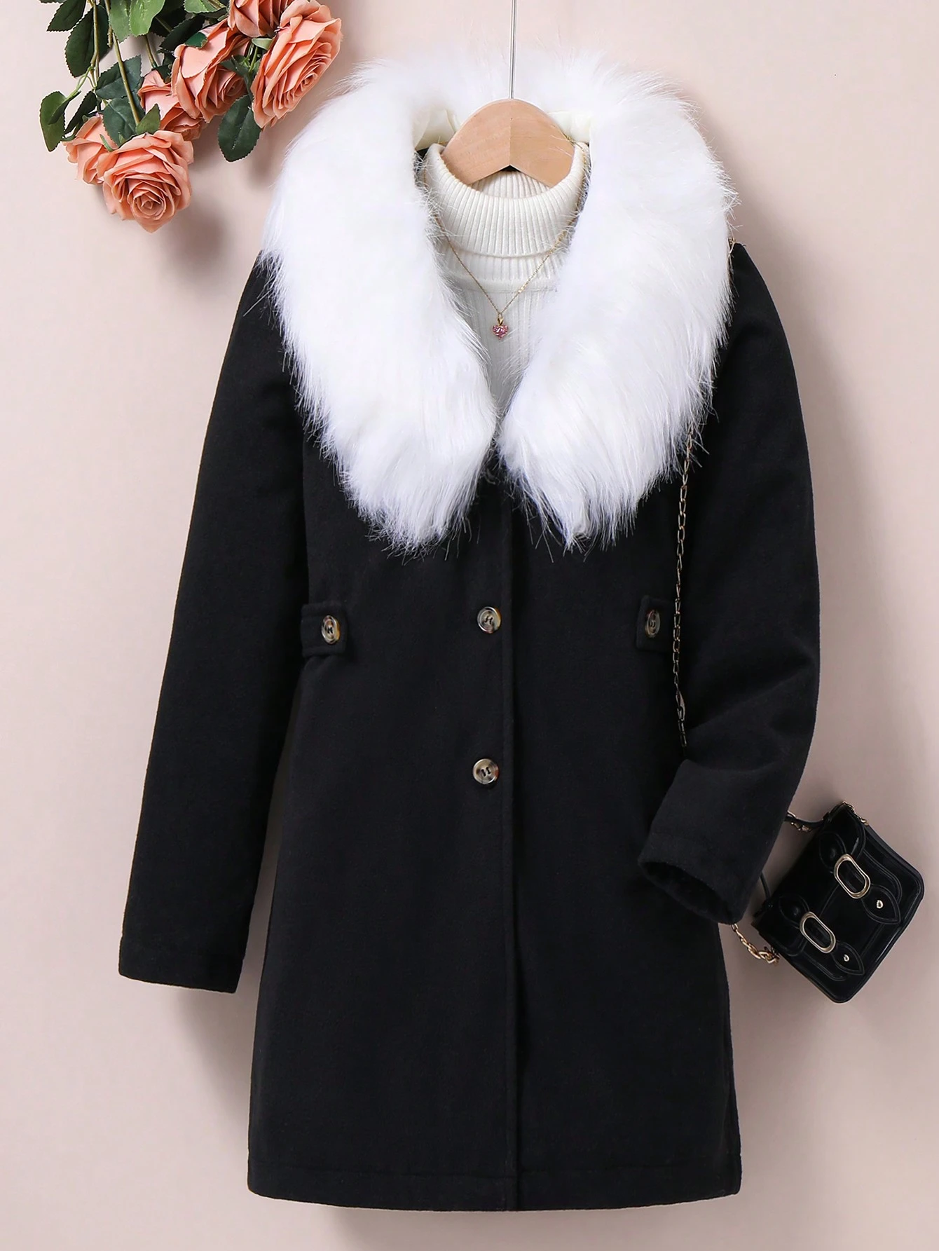 SHEIN Big Girls' Wool Blend Coat With Detachable Fur Collar And Button ...