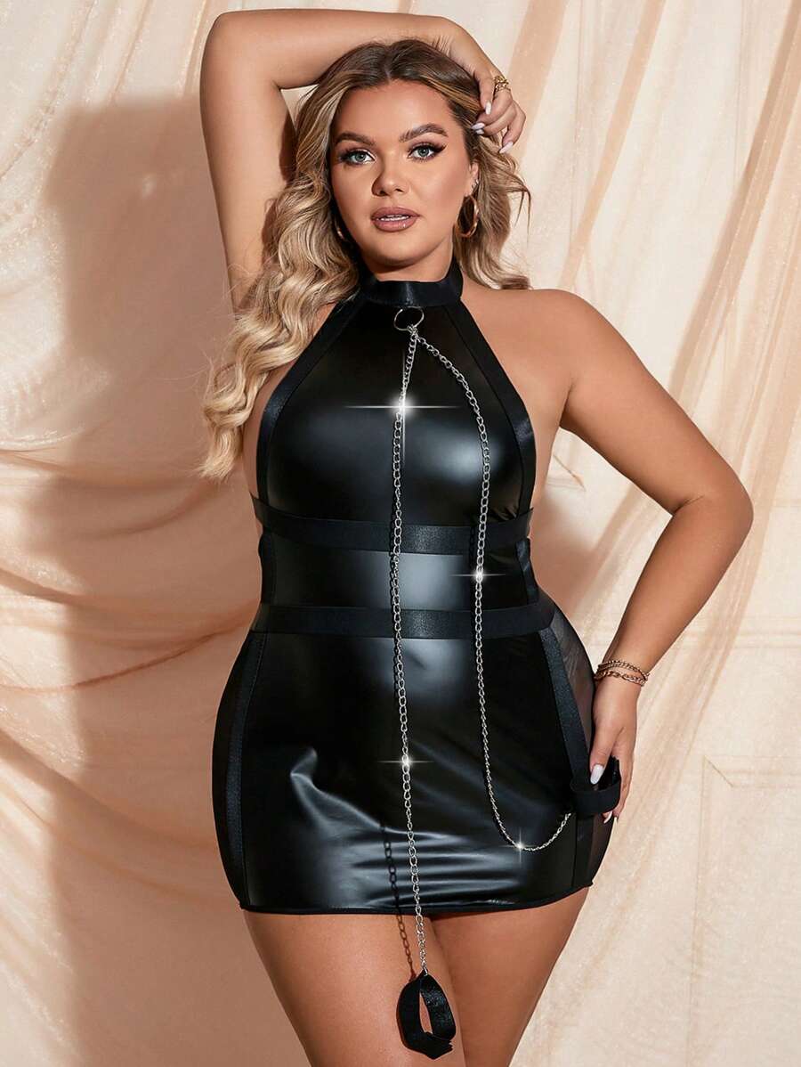 Plus Size Sexy Faux Leather Lingerie Dress With Chain Detail, Sheer Mesh Panel And Open Back ...