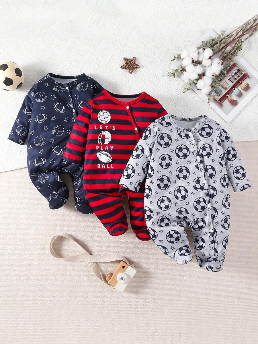SHEIN Baby Boys' Sports-Themed Print Footed Sleeper Jumpsuit, Multiple ...