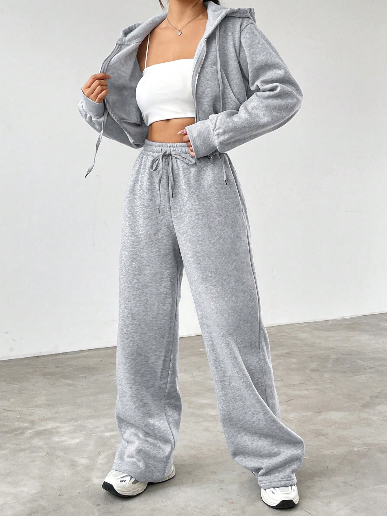 SHEIN EZwear Women's Gray Hooded Two-piece Set | SHEIN USA