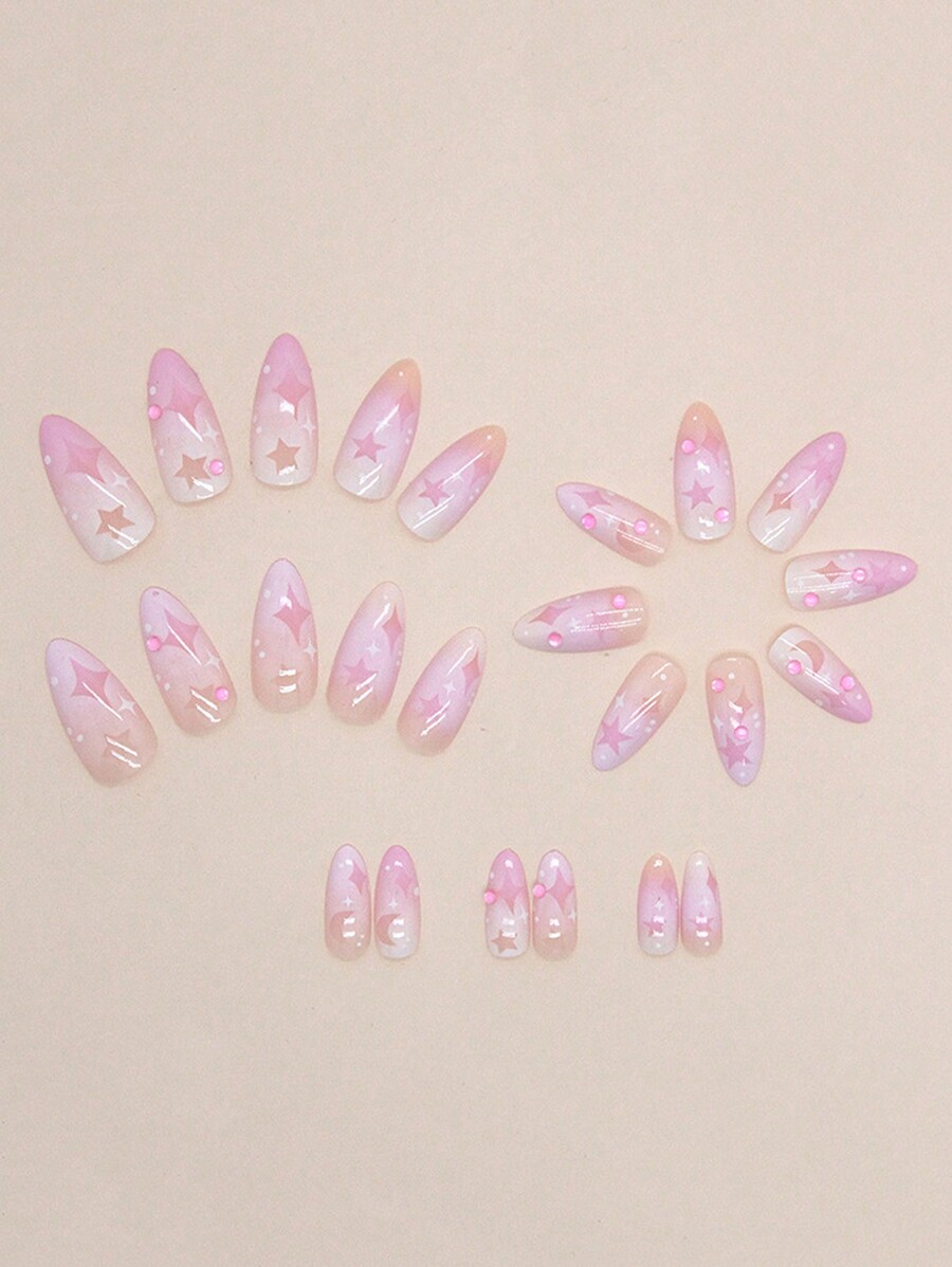 ROMWE Kawaii 24pcs Pink Star Shaped False Nails With One Sheet Of ...