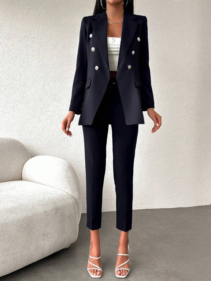 SHEIN Dames Dubbel Rijn Knoppen Pak Jassen En Broeken Sets | SHEIN ...