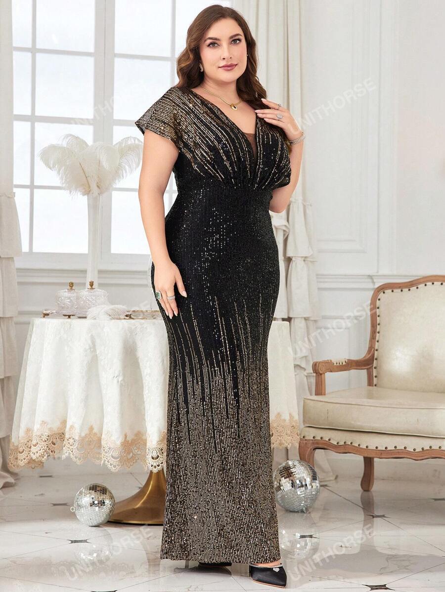 UNITHORSE [Random Cut]Plus Size Batwing Sleeve Sequin Mermaid Dress ...