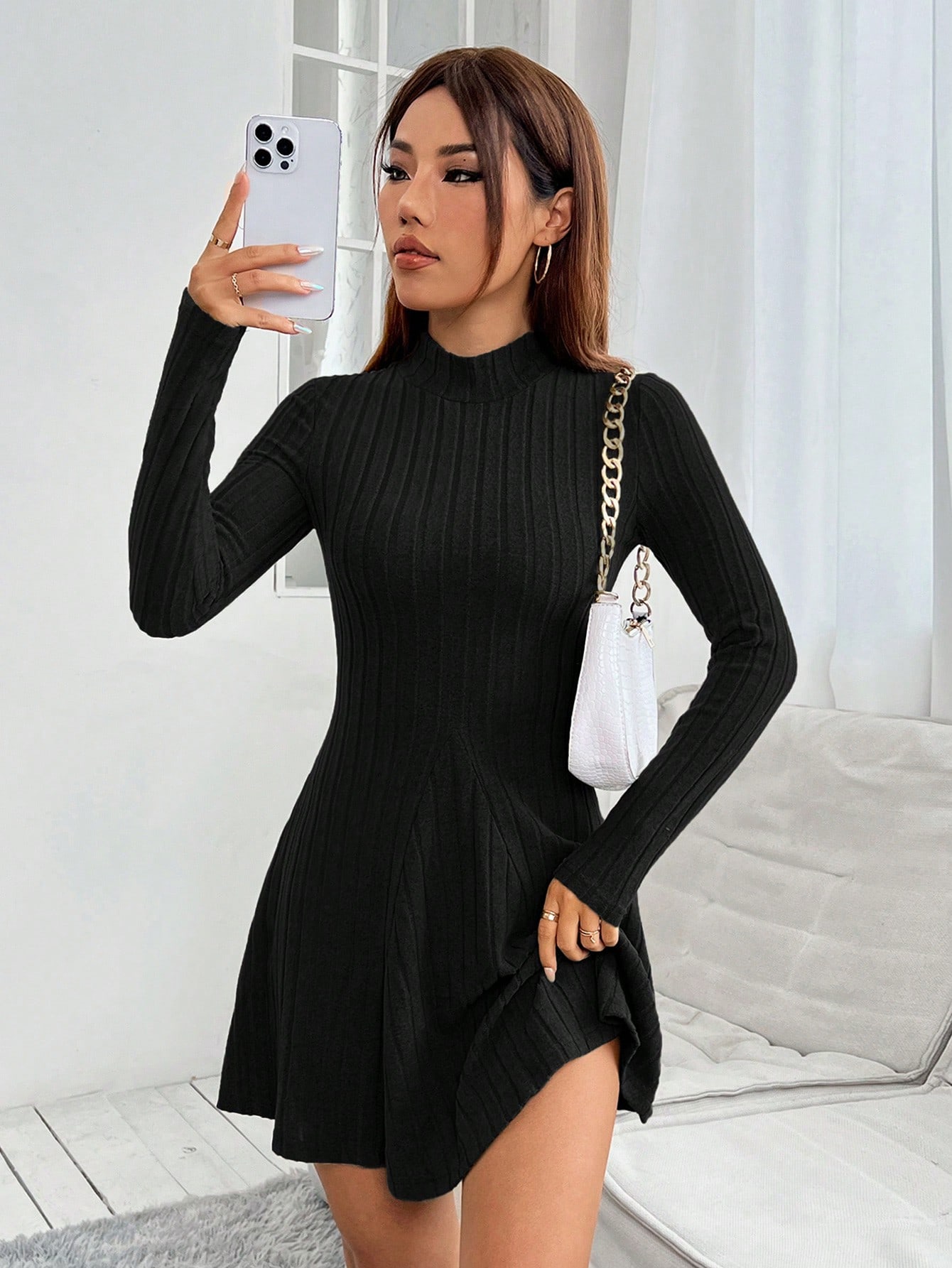 SHEIN PETITE Vestido Feminino Com Gola Alta Em Malha Canelada De Cor Sólida | SHEIN Brasil