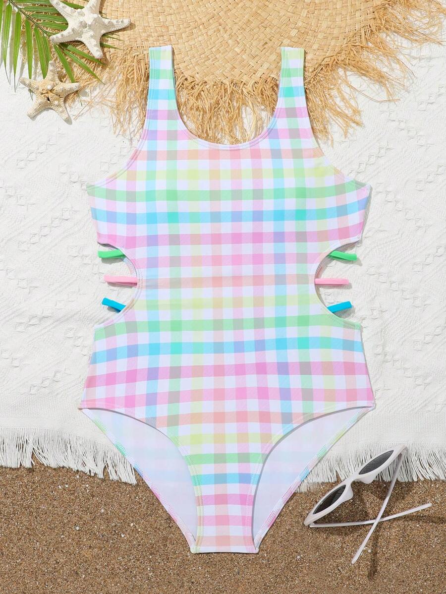 Tween Girl One-Piece Swimsuit With Checkered Print | SHEIN UK