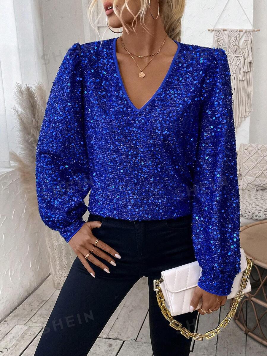 SHEIN LUNE V-neck Long Sleeve Sparkle Shirt | SHEIN UK