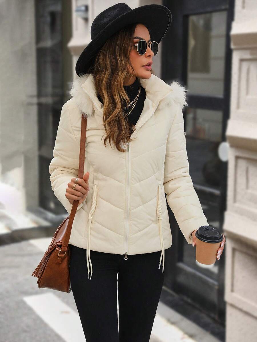 SHEIN Clasi Fuzzy Trim Zip Up Hooded Padded Coat, Ladies Winter Casual Pocket, Zipper Regular ...