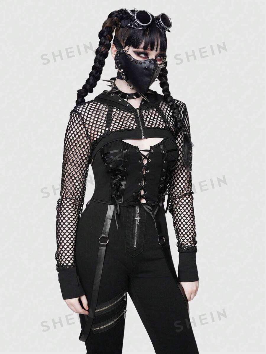 ROMWE Goth Women's Hooded Cropped Top With Fishnet And Skull Pattern ...