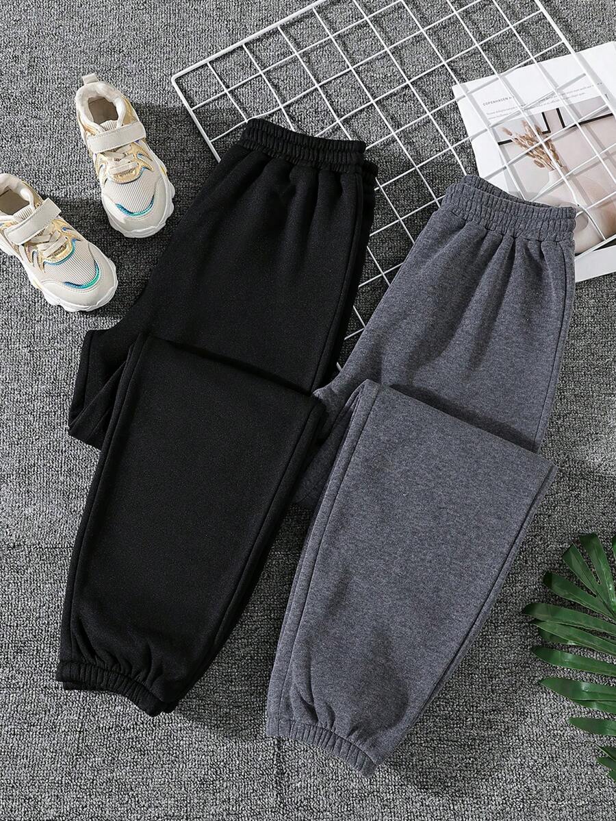 2pcs/set Knitted Black & Grey Teenage Girls' Casual Sweatpants Set ...