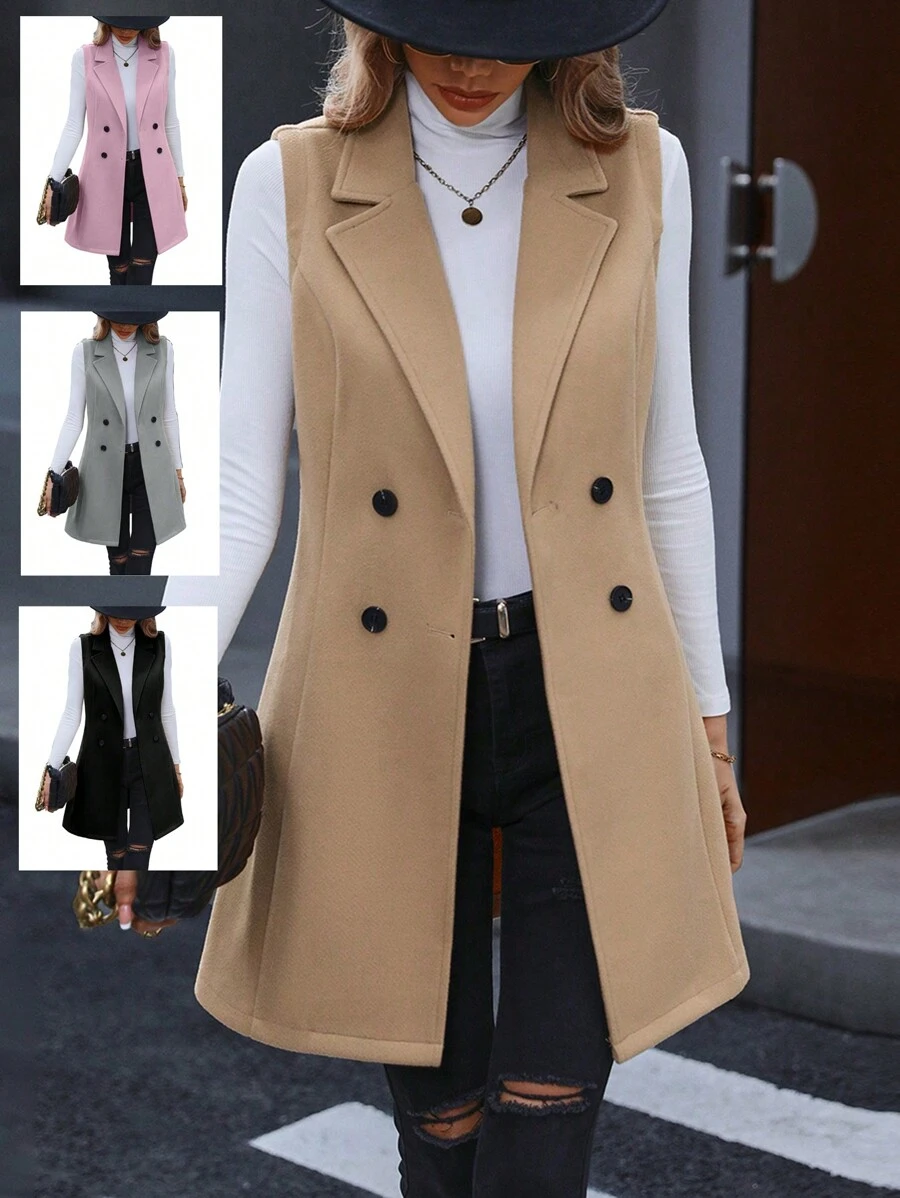 Chiquease Double Breasted Lapel Collar Double Breasted Vest Overcoat ...