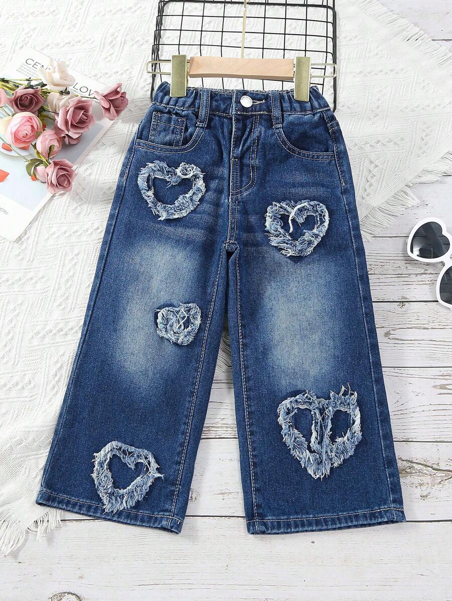 Young Girl Heart Pattern Wide Leg Jeans | SHEIN USA