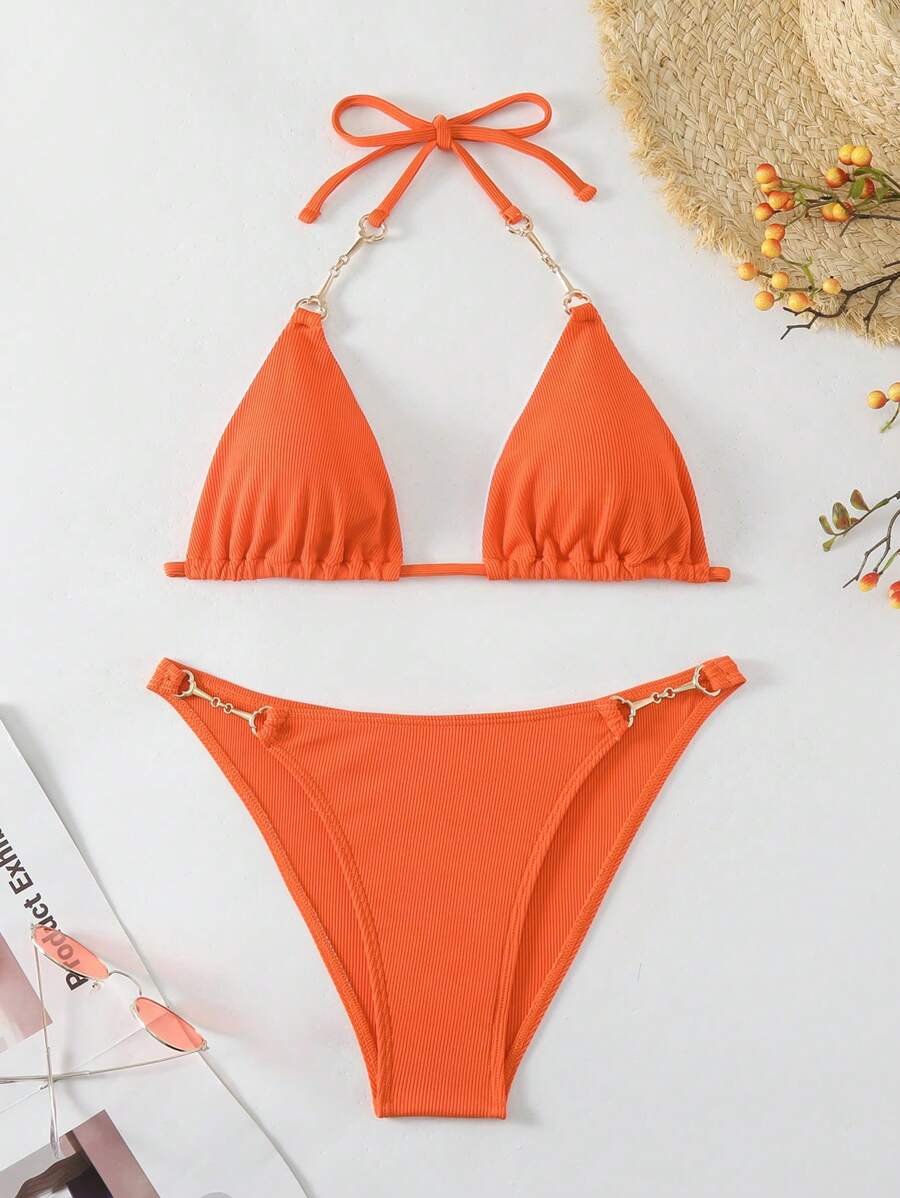 SHEIN Swim Frauen Solider Ring Schnalle dekorierter Halter Bikini Set ...