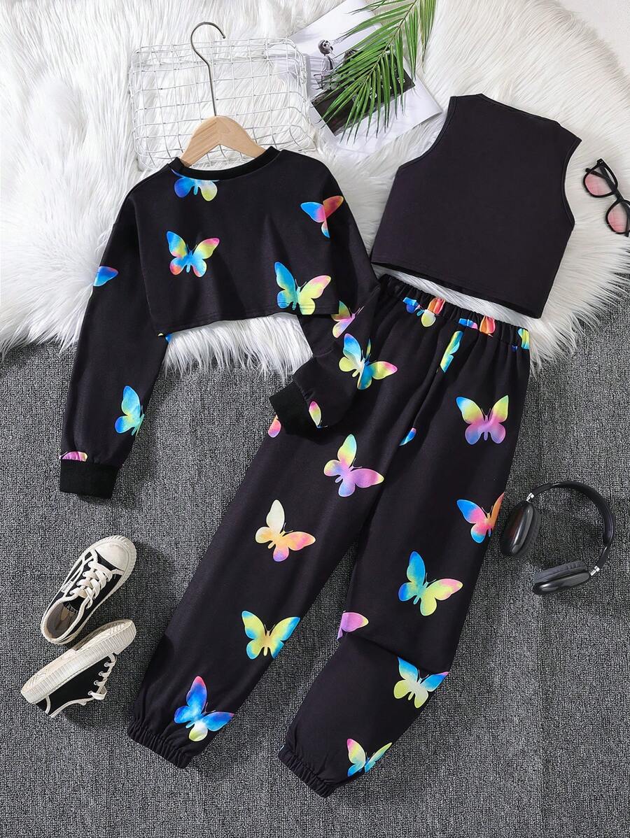SHEIN Kids KDOMO Tween Girl 3pcs/Set Trendy Butterfly Print Knitted ...