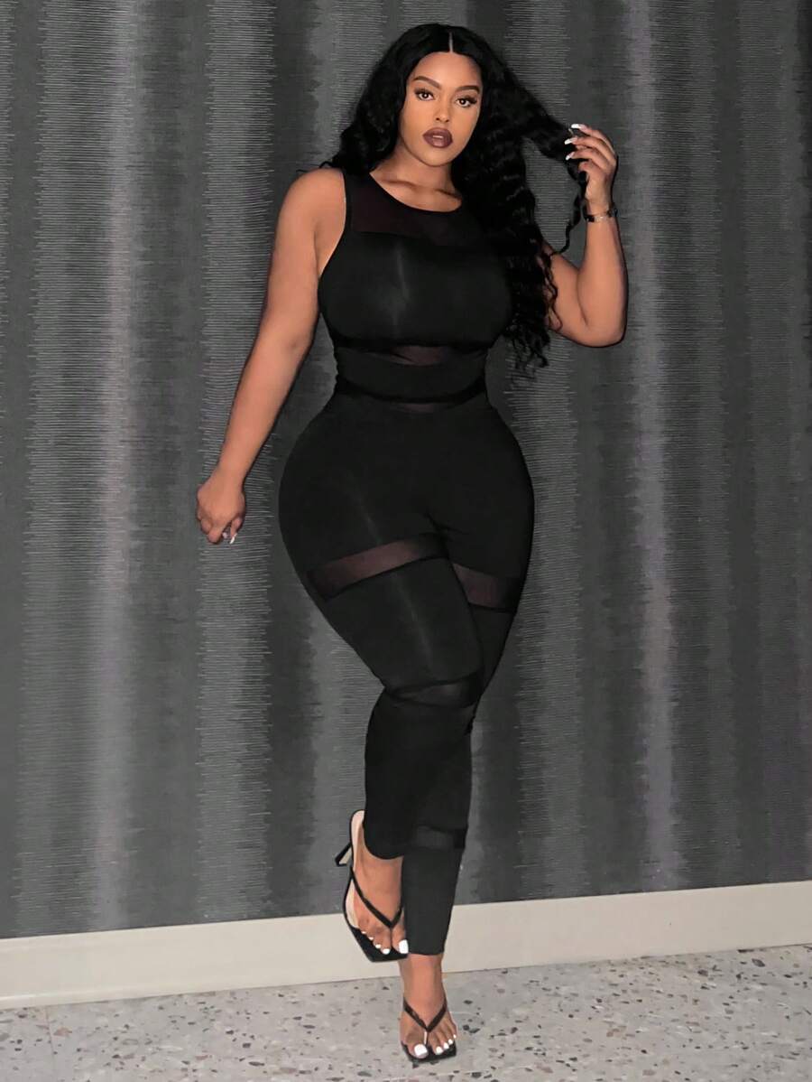 Slaydiva Slayer Plus Size Elegant Sexy Monochromatic Tight Mesh Splicing Long Jumpsuit For Women ...