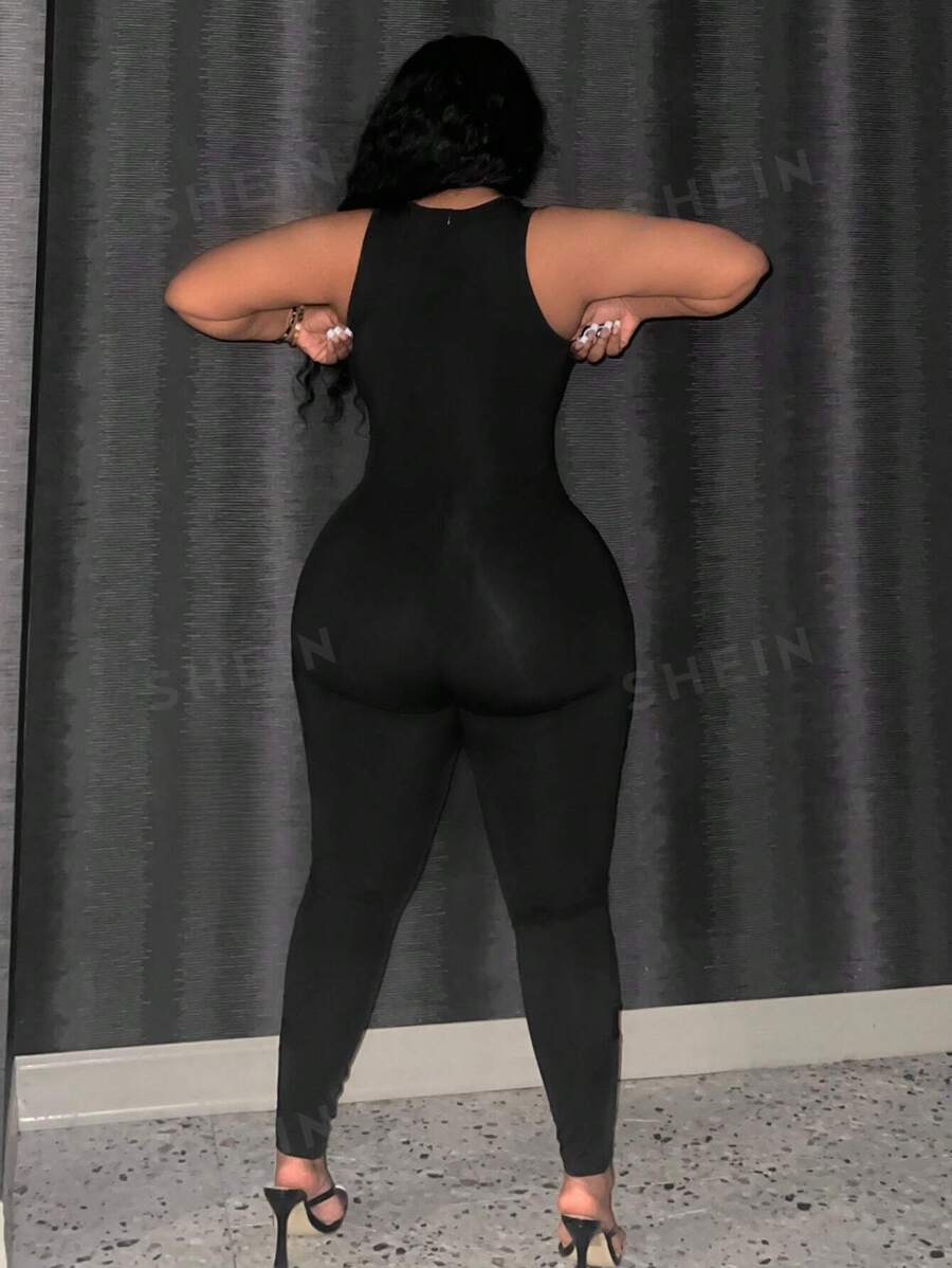 SHEIN Slayr Slayer Plus Size Elegant Sexy Monochromatic Tight Mesh Splicing Long Jumpsuit For ...