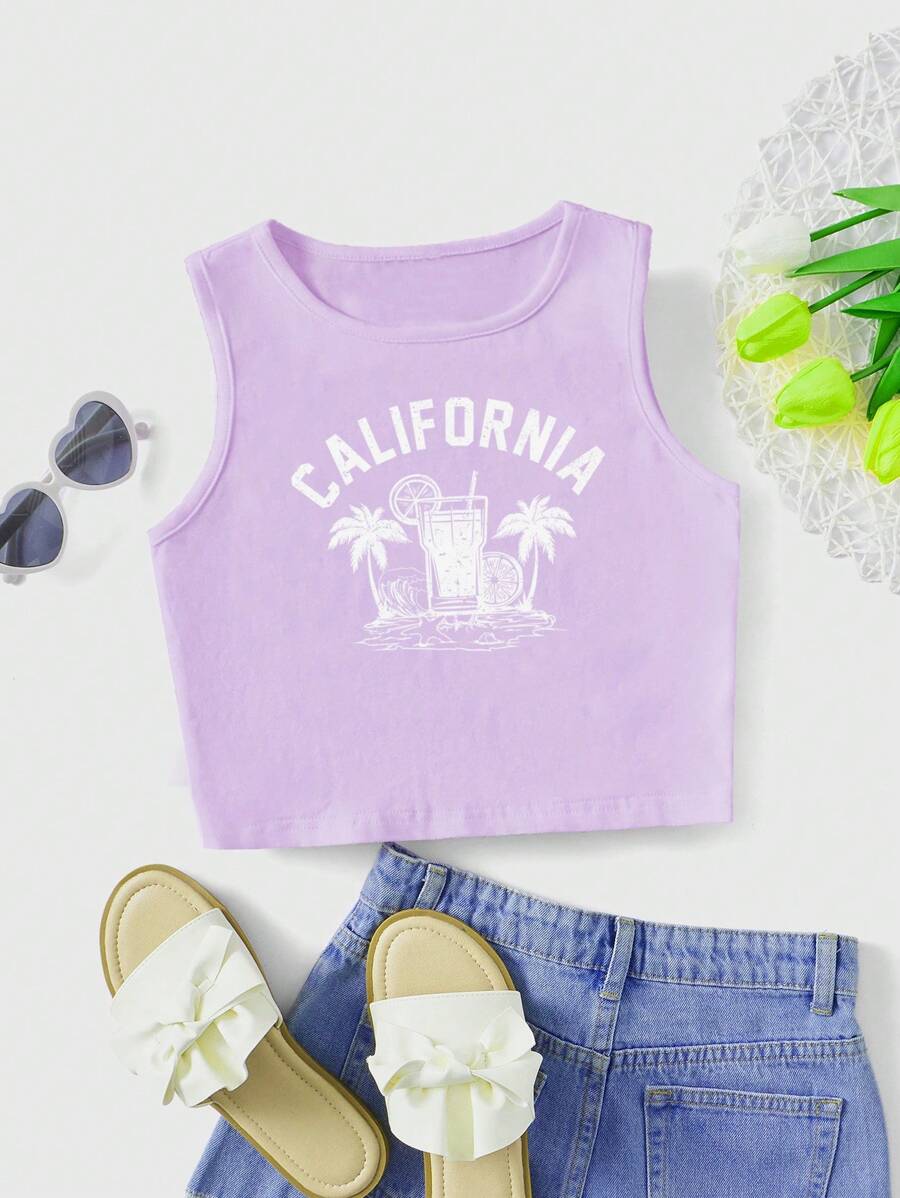 Teen Girls Letter & Tropical Print Tank Top | SHEIN USA