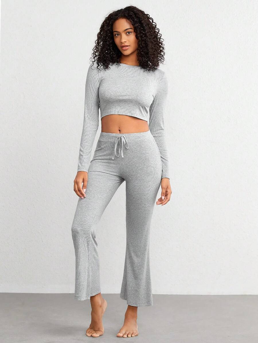 SHEIN Leisure Women's Solid Color Cropped Top And Trousers Home Wear ...