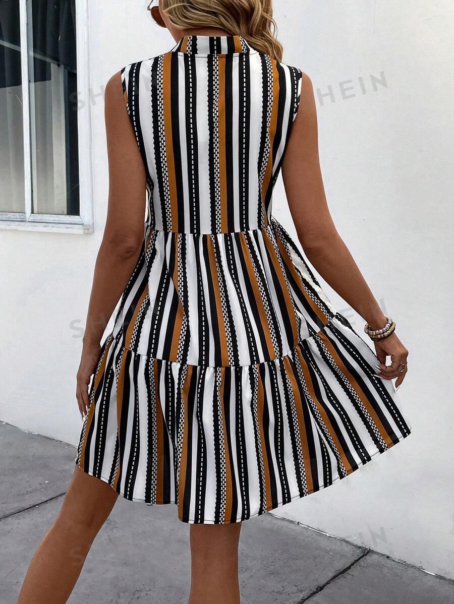 Shein Lune Color Block Striped Dress With Notched Collar And Ruffled
