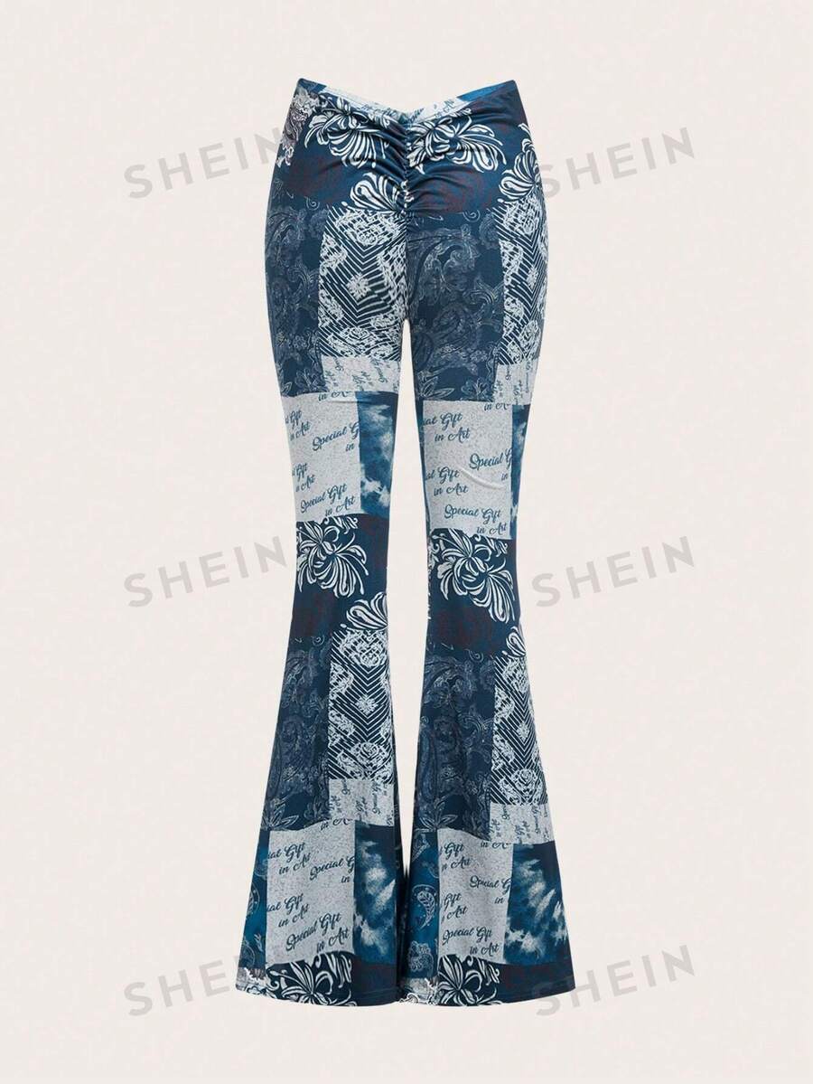 SHEIN ICON Low Rise Splice Printed Bell Bottom Pants | SHEIN UK