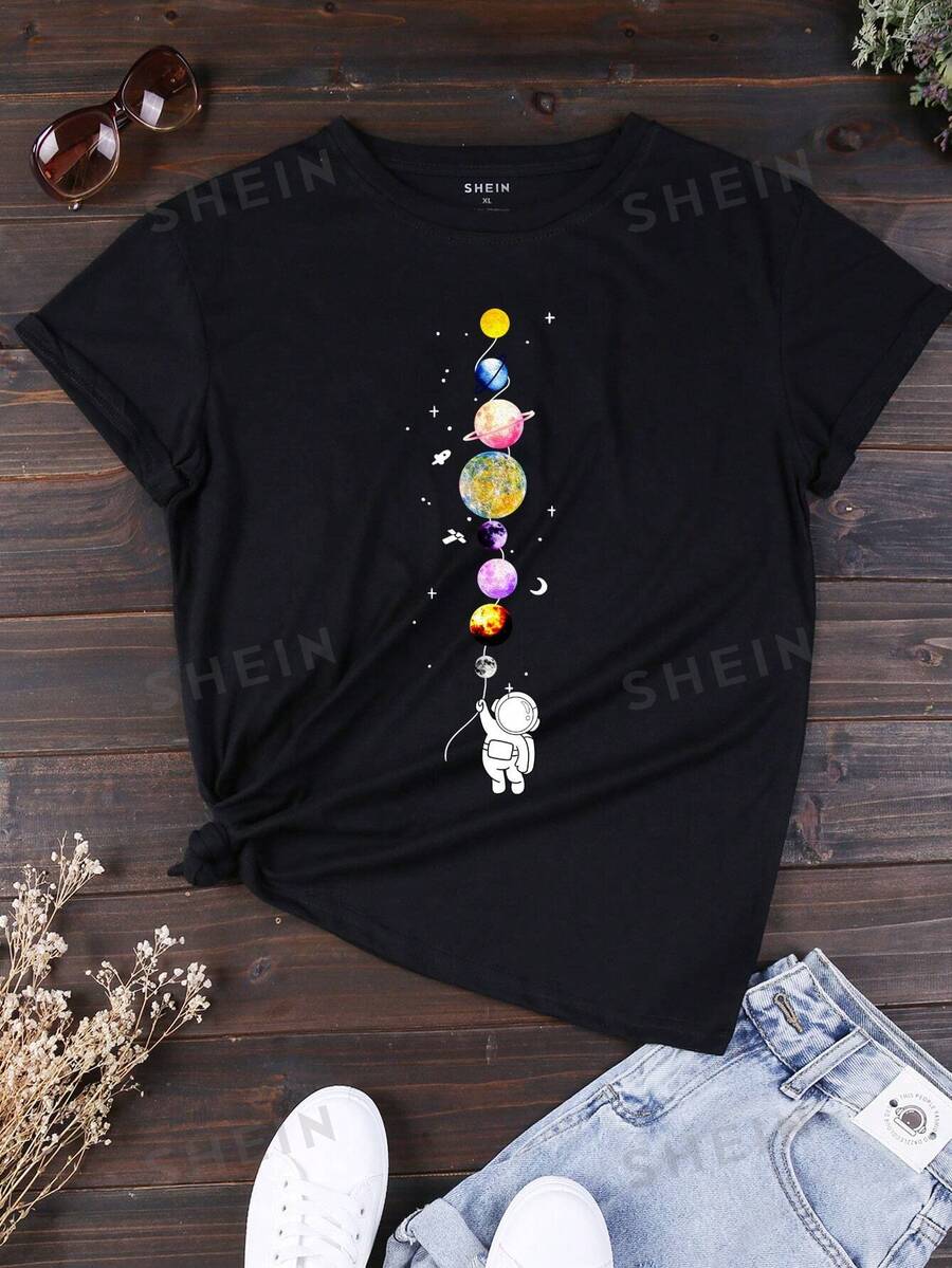 SHEIN LUNE Planet And Astronaut Print Tee | SHEIN UK