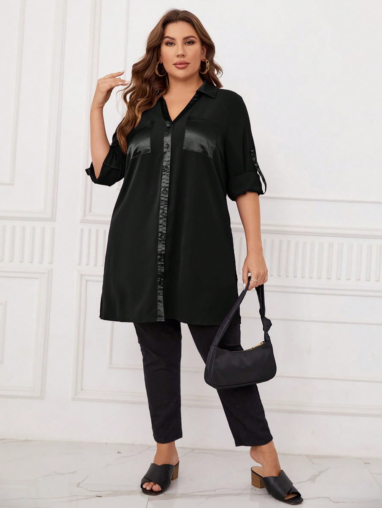 EMERY ROSE Plus Size Roll-up Sleeve Side Split Shirt | SHEIN UK
