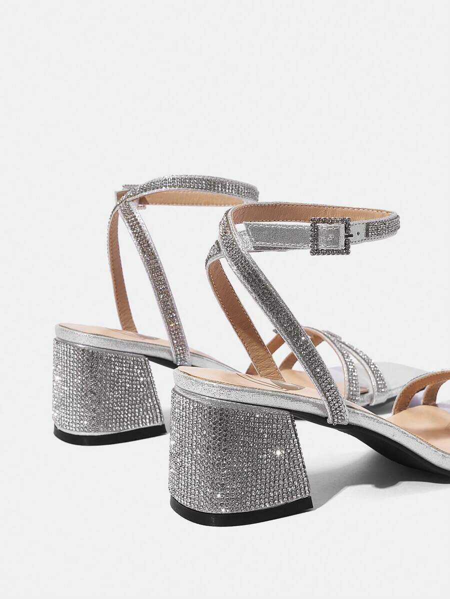 SHEIN SXY Women's Silver-tone High-heel Sandals With Rhinestone Decor ...
