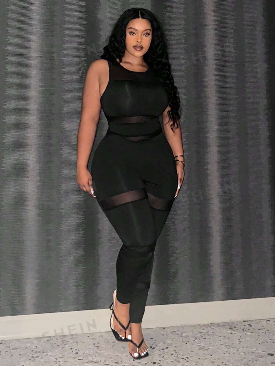 SHEIN Slayr Slayer Plus Size Elegant Sexy Monochromatic Tight Mesh Splicing Long Jumpsuit For ...