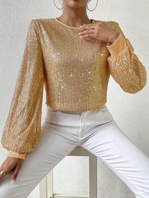 SHEIN Essnce Lantern Sleeve Sequin Shirt | SHEIN UK
