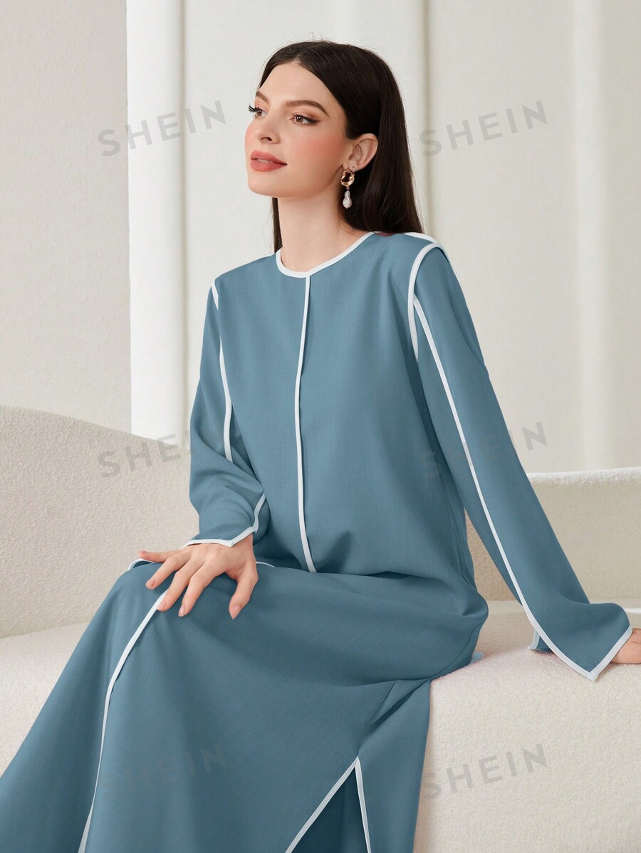 SHEIN Mulvari Women'S Round Neck Long Sleeve Dress, Modest Inner Slip ...