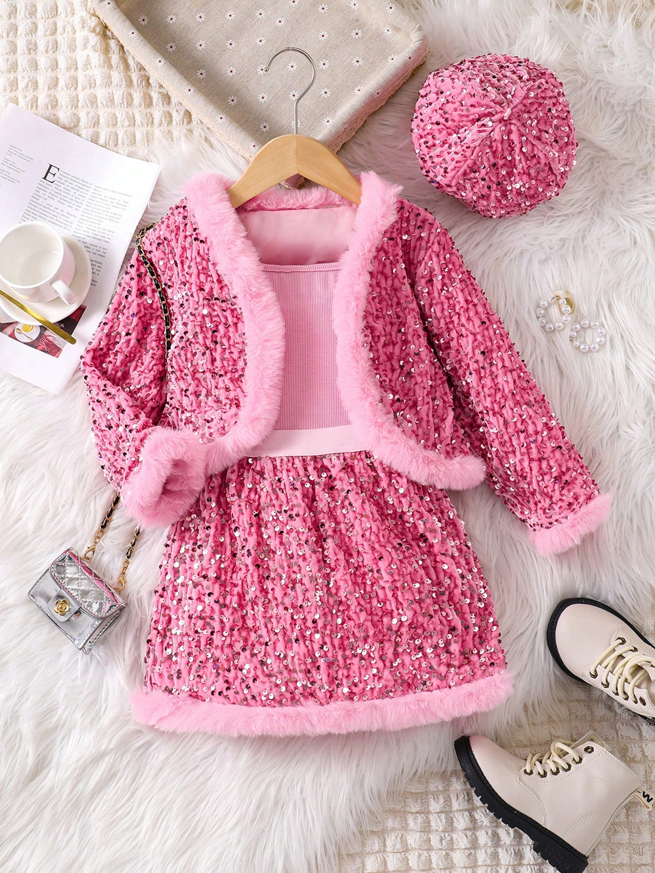 SHEIN Kids CHARMNG Conjunto De Cuatro Piezas De Niñas, Romántico, Elegante, De Moda Con Brillo Y ...