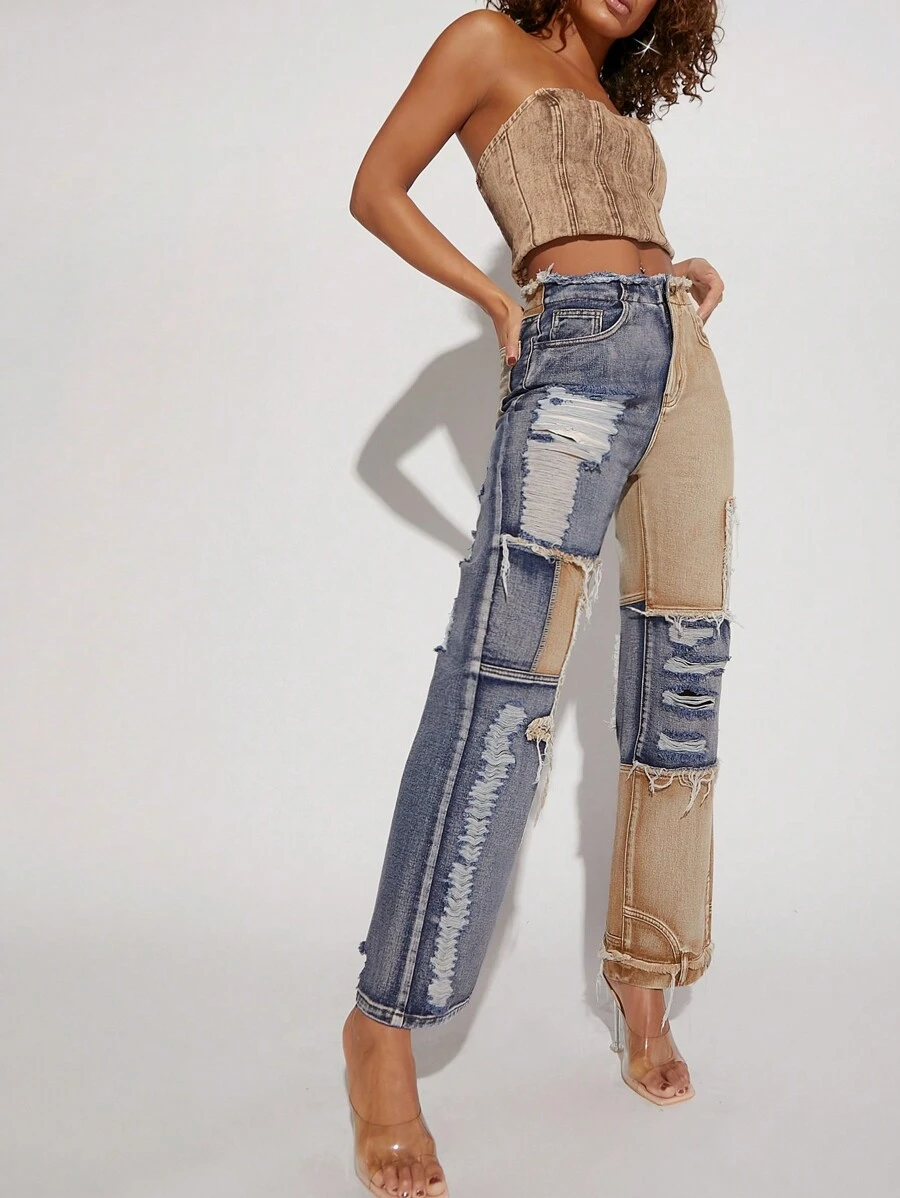 Women's Contrast Color Ripped Jeans | SHEIN USA