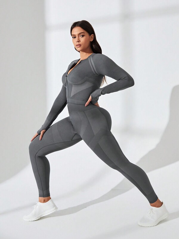 Running Plus Size Basic Yoga Slim Fit Zipper Front Raglan Sleeve Sportswear Set | SHEIN USA