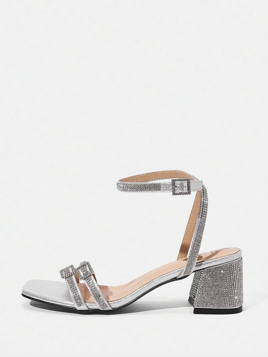 SHEIN SXY Women's Silver-tone High-heel Sandals With Rhinestone Decor ...
