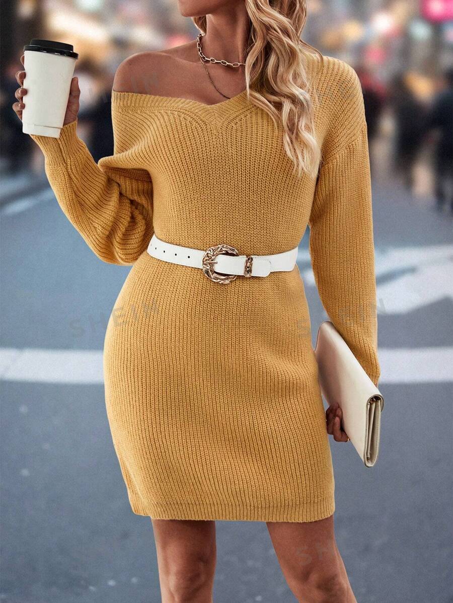 Shein Essnce Lace Panel Drop Shoulder Sweater Dress Without Waist Belt