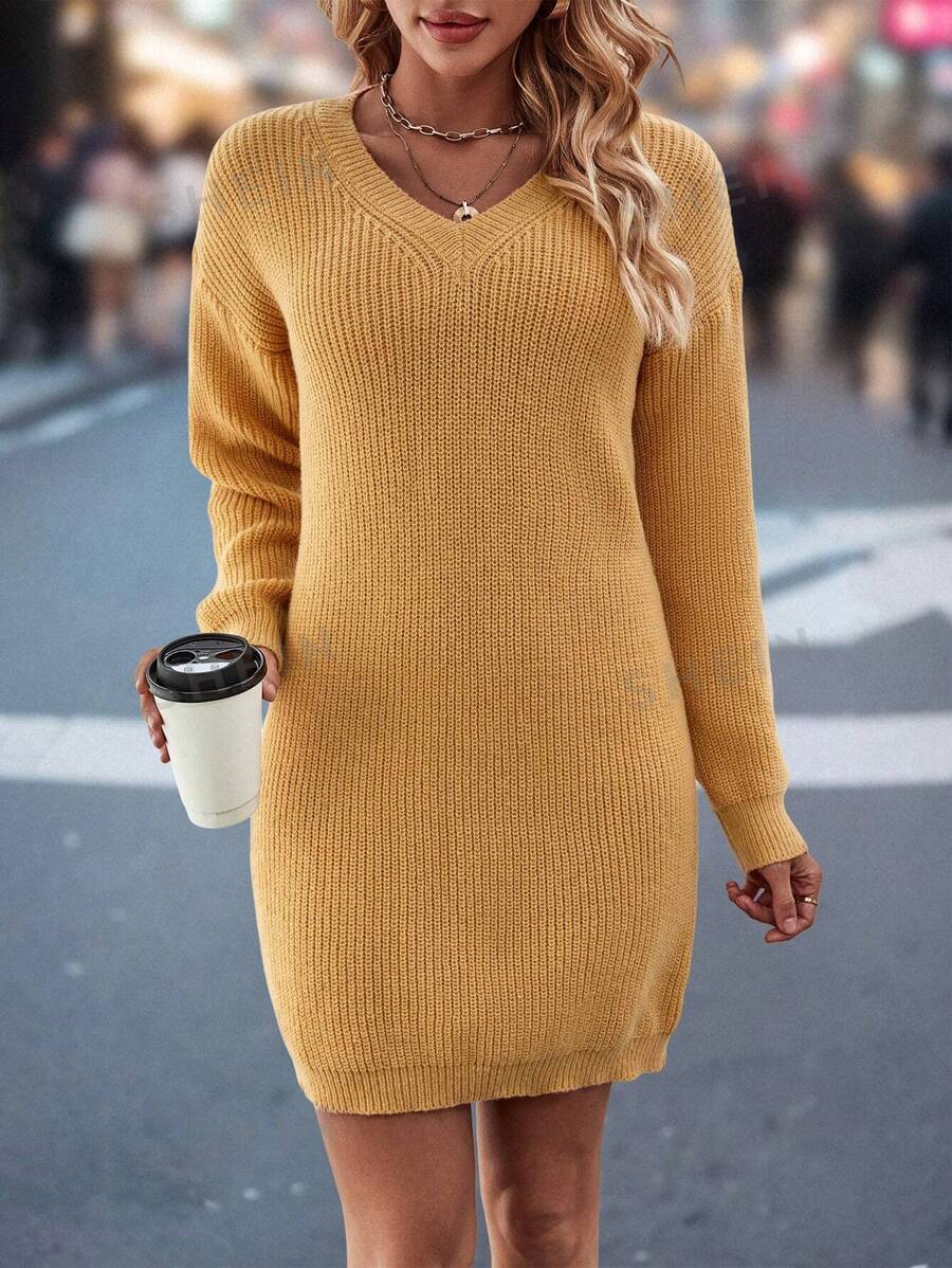 Shein Essnce Lace Panel Drop Shoulder Sweater Dress Without Waist Belt