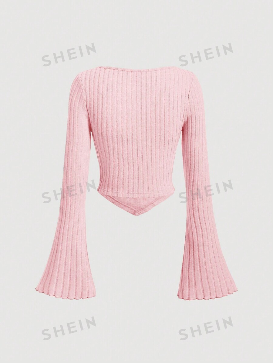 SHEIN MOD Pink Long Sleeved Ladies' Solid Color Bell Sleeve Elastic Hem ...