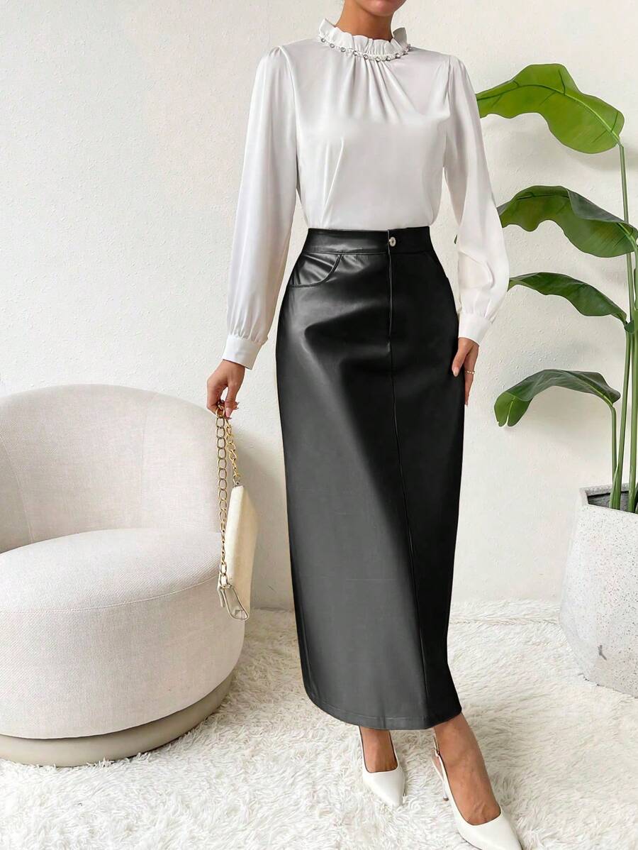 SHEIN Raffinéa Solid Color High Waist Faux Leather Skirt Maxi PU Leather Women Outfit | SHEIN USA