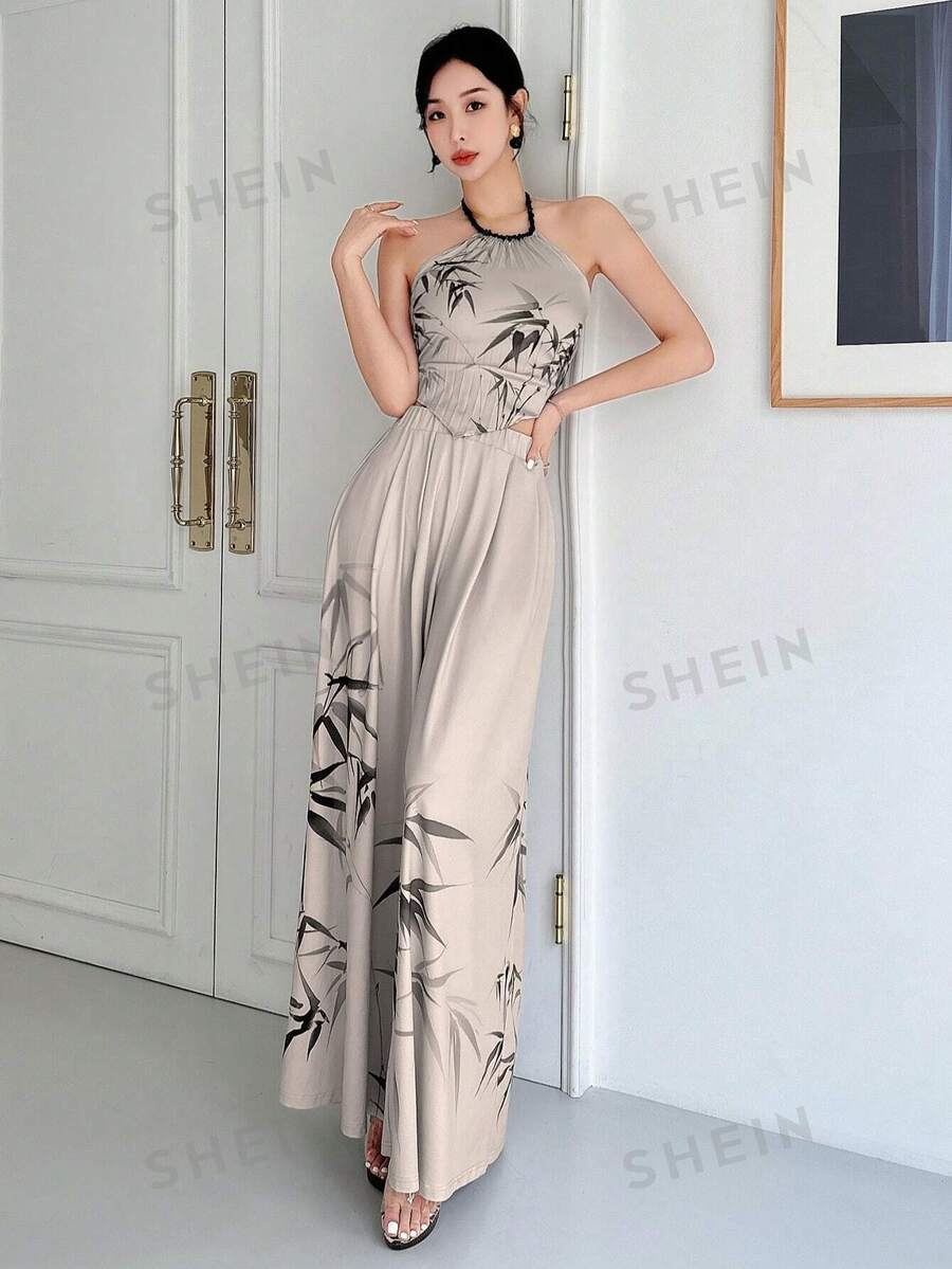 SHEIN EastFlair New Chinese Style Bamboo Print Pleated Stone Chain ...