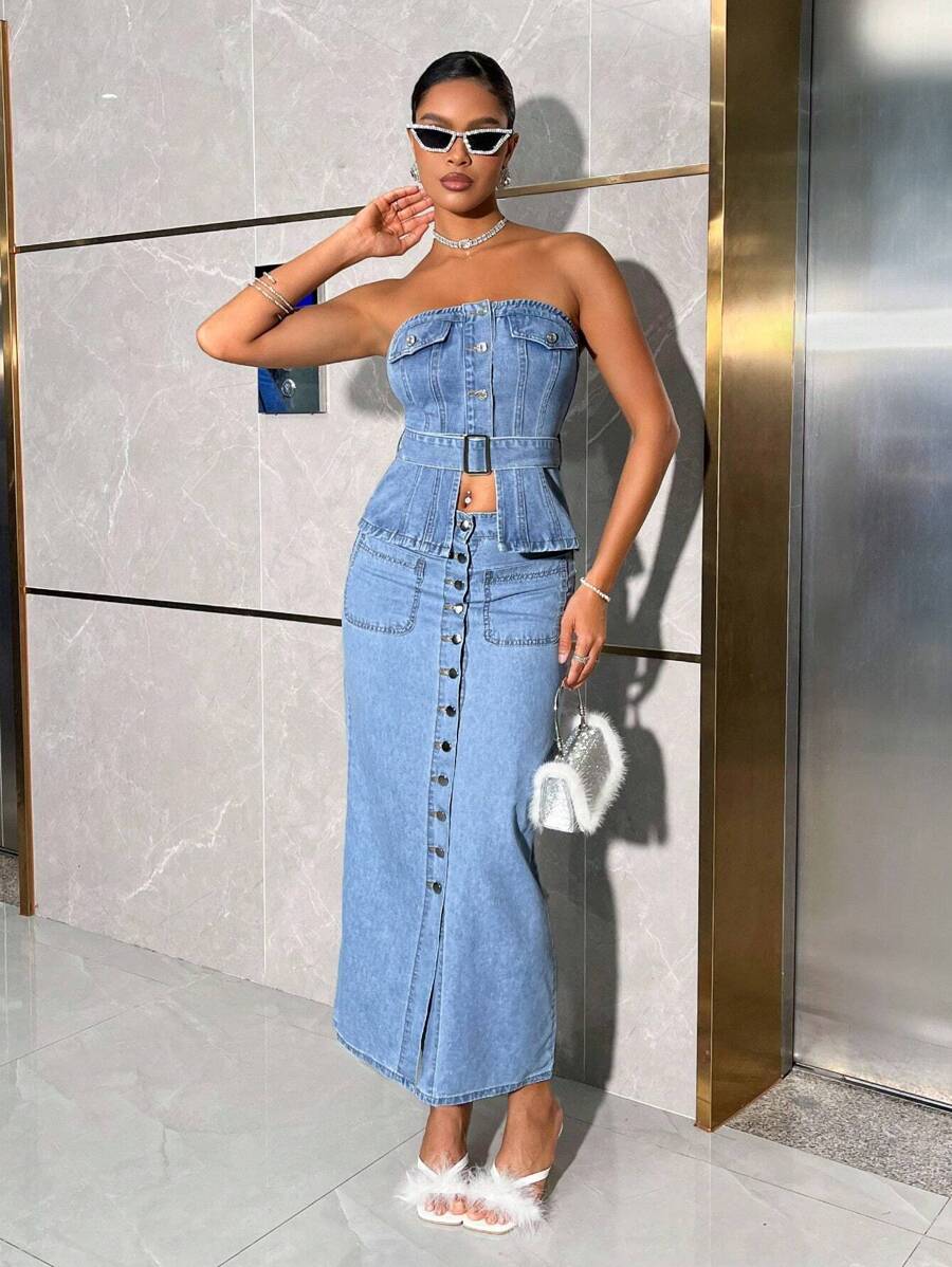 SHEIN BAE Women's Denim Strapless Top With Waist Belt | SHEIN USA