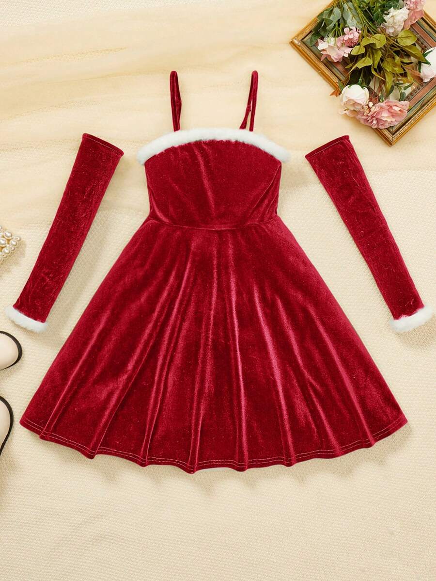 SHEIN Tween Girl Elegant Velvet & Plush Splice A-Line Dress With Arm ...