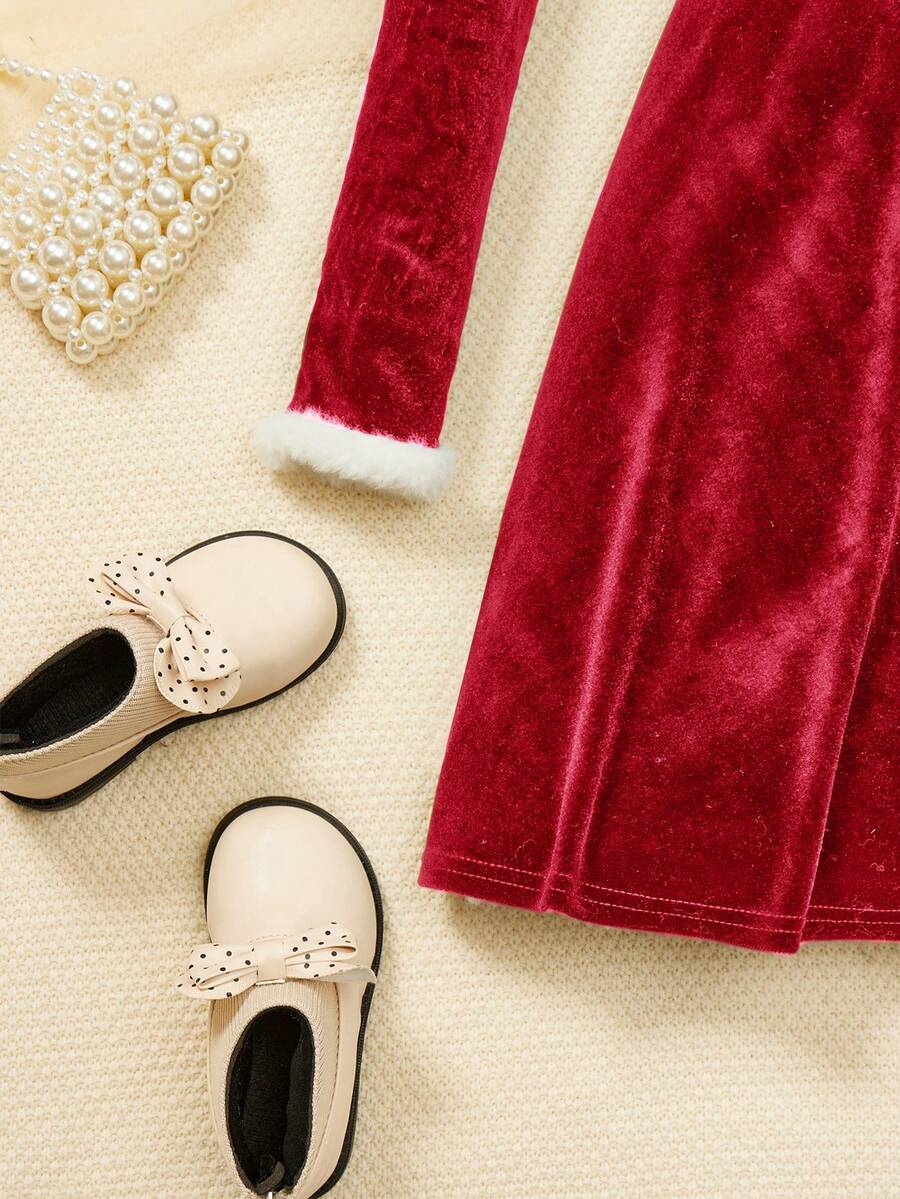 SHEIN Tween Girl Elegant Velvet & Plush Splice A-Line Dress With Arm ...