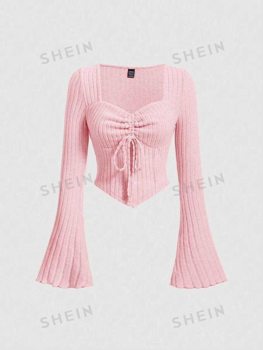 SHEIN MOD Pink Long Sleeved Ladies' Solid Color Bell Sleeve Elastic Hem ...