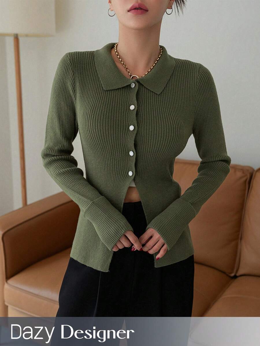 Dazy Designer Solid Button Up Ribbed Knit Cardigan | SHEIN USA